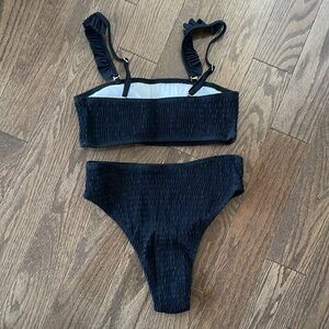 SHEIN | Swim | Smocked Frill Trim Bathing Suit Set In Black | Poshmark